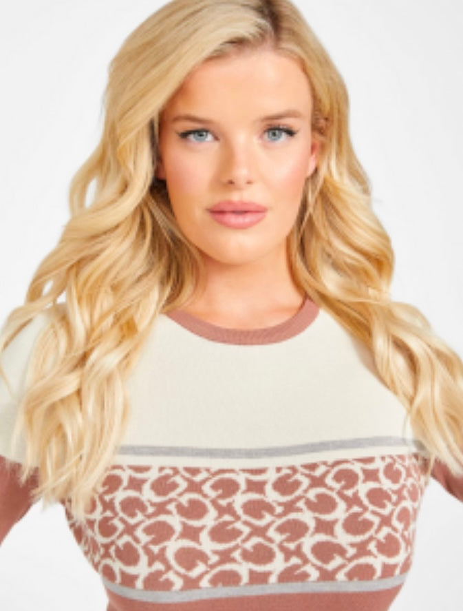 Suéter Guess palo de rosa con beige y monogram blanco – BGC Trends